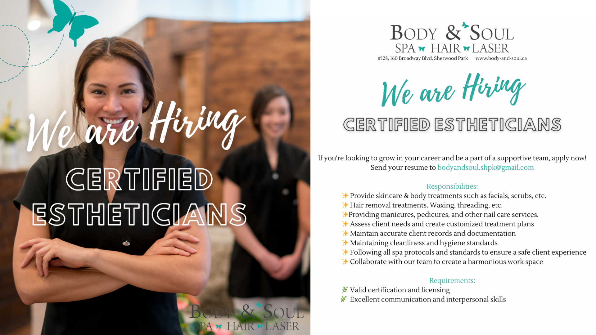 NOW HIRING: Certified Estheticians – Body & Soul Day Spa